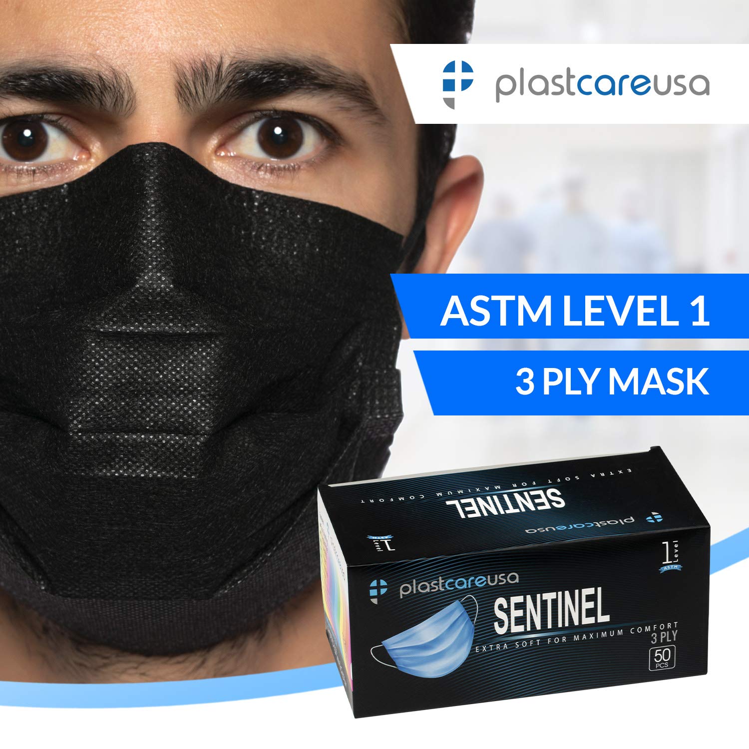 PlastCare USA Black ASTM Level 1 3-Ply Earloop Face Masks (1 Box of 50)
