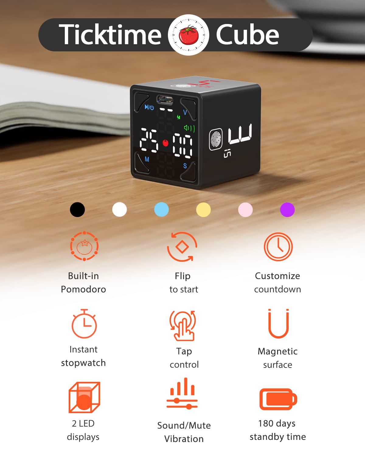 Ticktime Cube Pomodoro Timer, Productivity Timer, Pause & Resume, Mute, Vibration & Adjustable Sound Alert, for Task, Work, ADHD, ADD, Meeting, 1/3/5/10/15/25/45/60min & Custom Countdown - Black