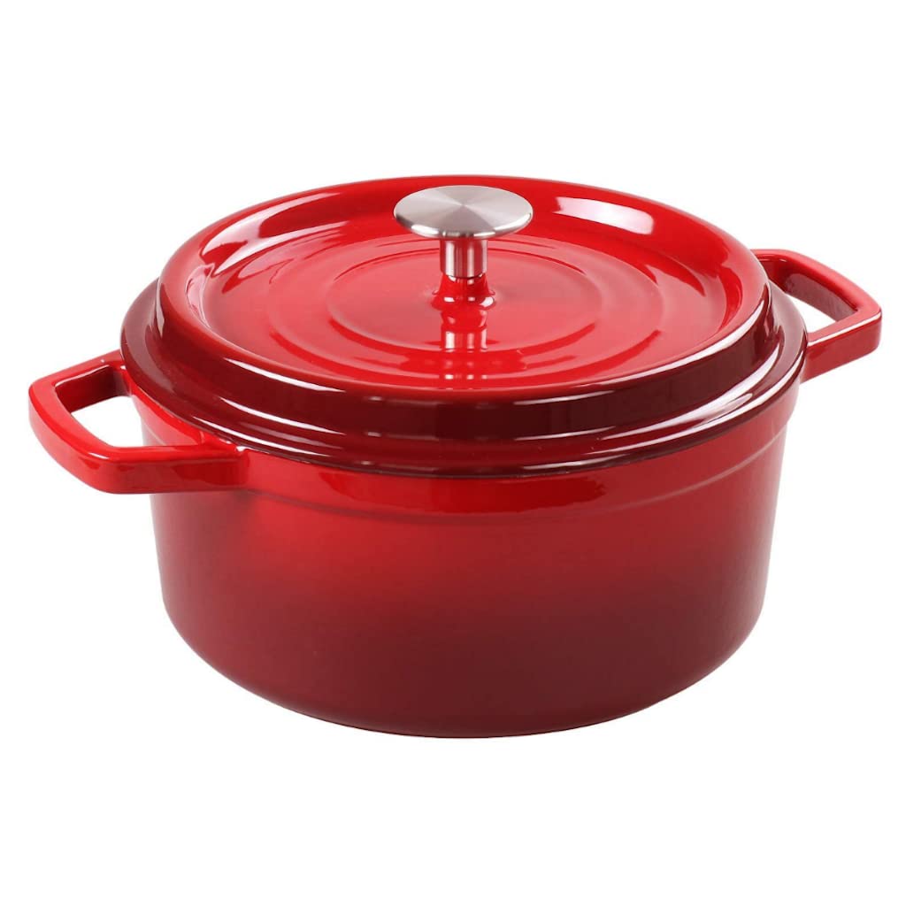RikoTech 4 Quart Enamel Pan Cast Iron Dutch-ovens Stewpan Casting Cookware with Steamer Thermo Pot Big Cooking Pot for Kitchen Red