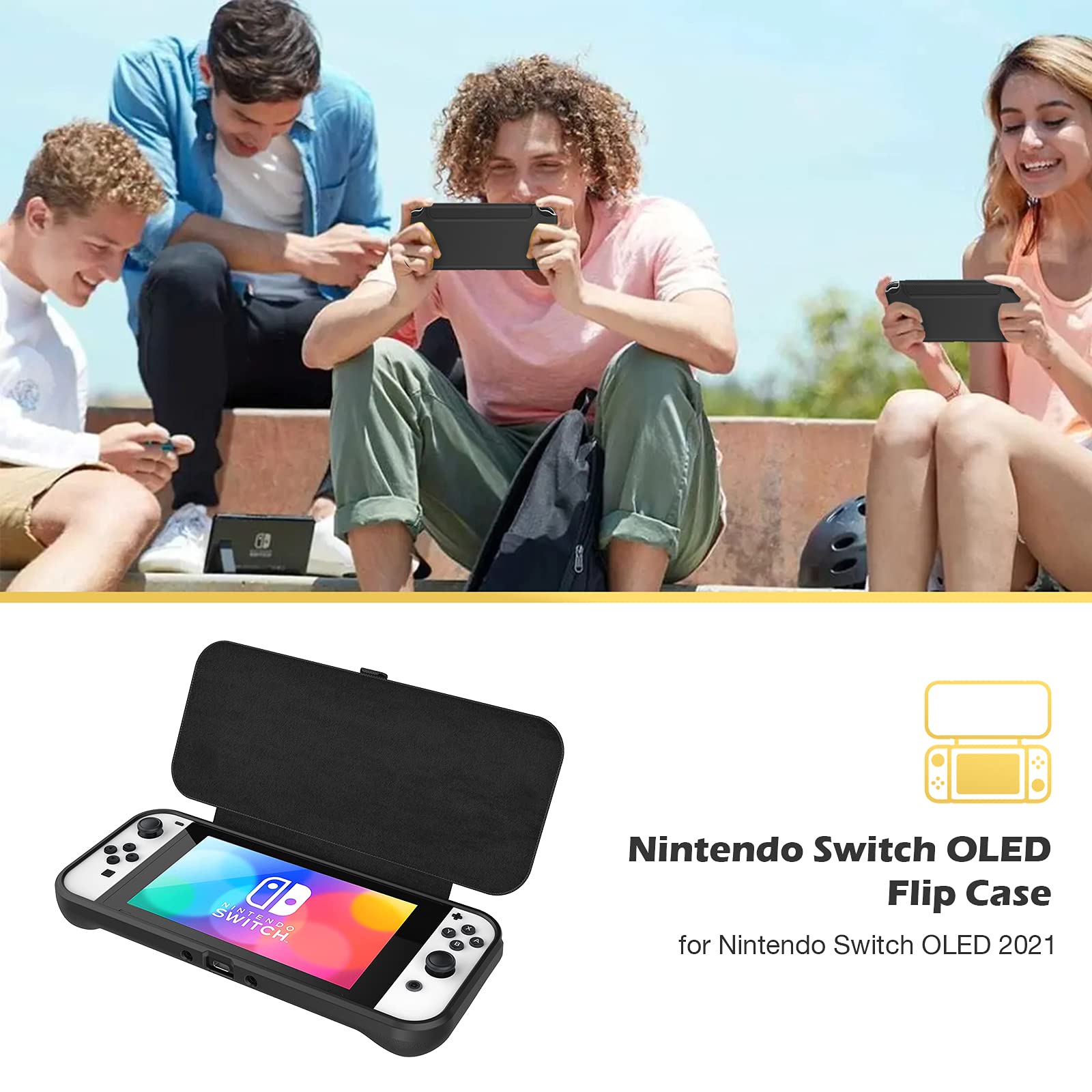 ProCase Flip Cover for Nintendo Switch OLED Model 2021 with 2 Screen Protectors, Switch OLED Protective Case with Magnetically Detachable Front Shell -Black