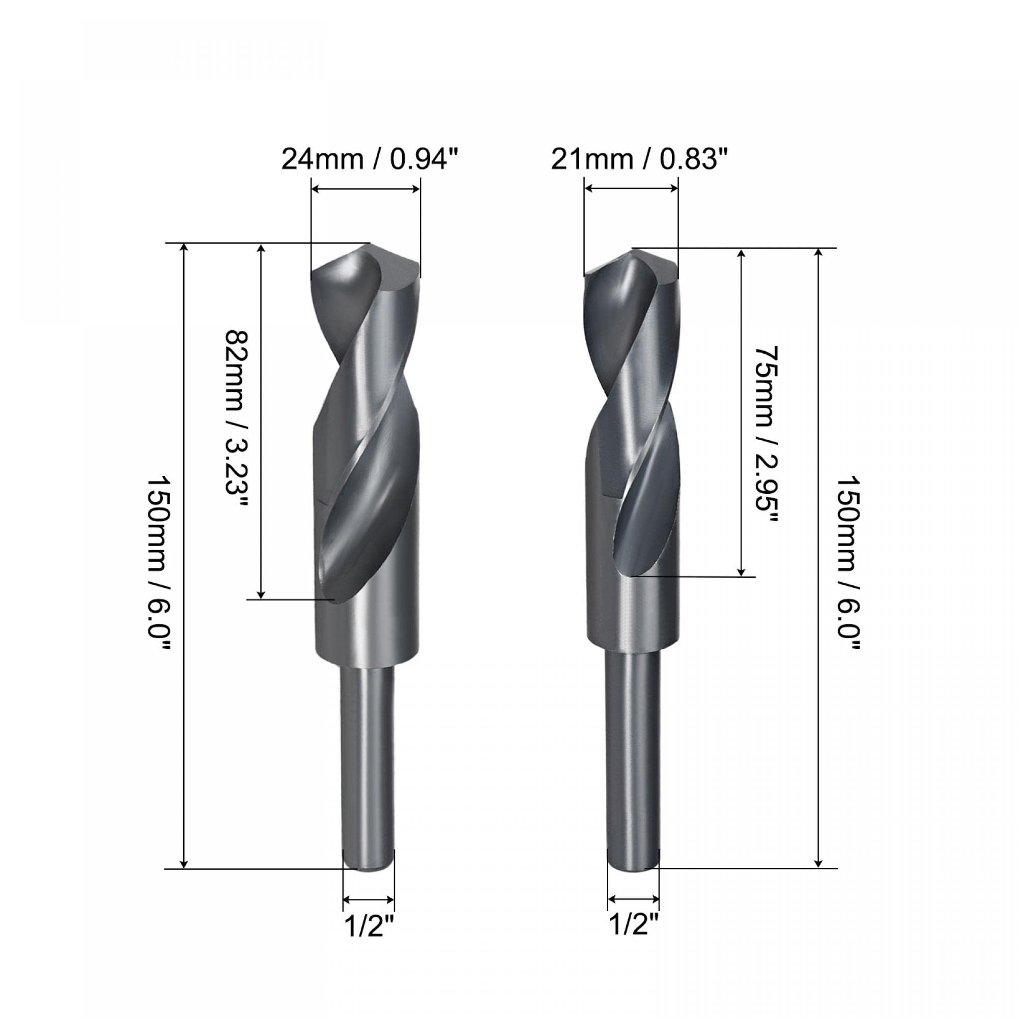 uxcell Reduced Shank Drill Bit 21mm & 24mm HSS 6542 Black Oxide with 1/2" Straight Shank
