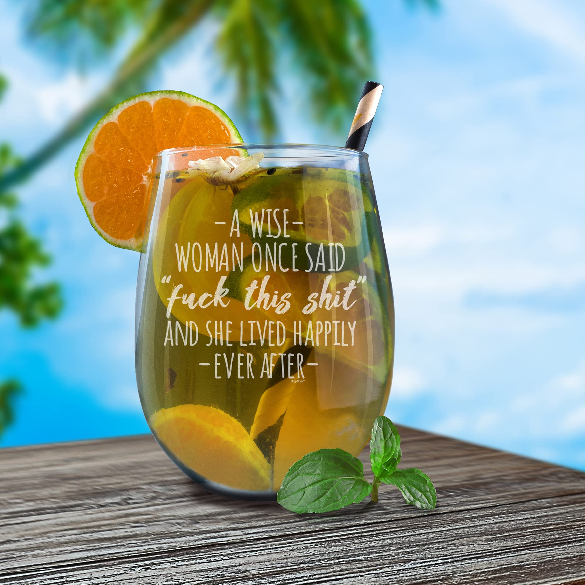 shop4ever A Wise Woman Once Said F This And She Lived Happily Ever After Engraved Stemless Wine Glass 15 oz. Funny Divorce Retirement Feminist Gift