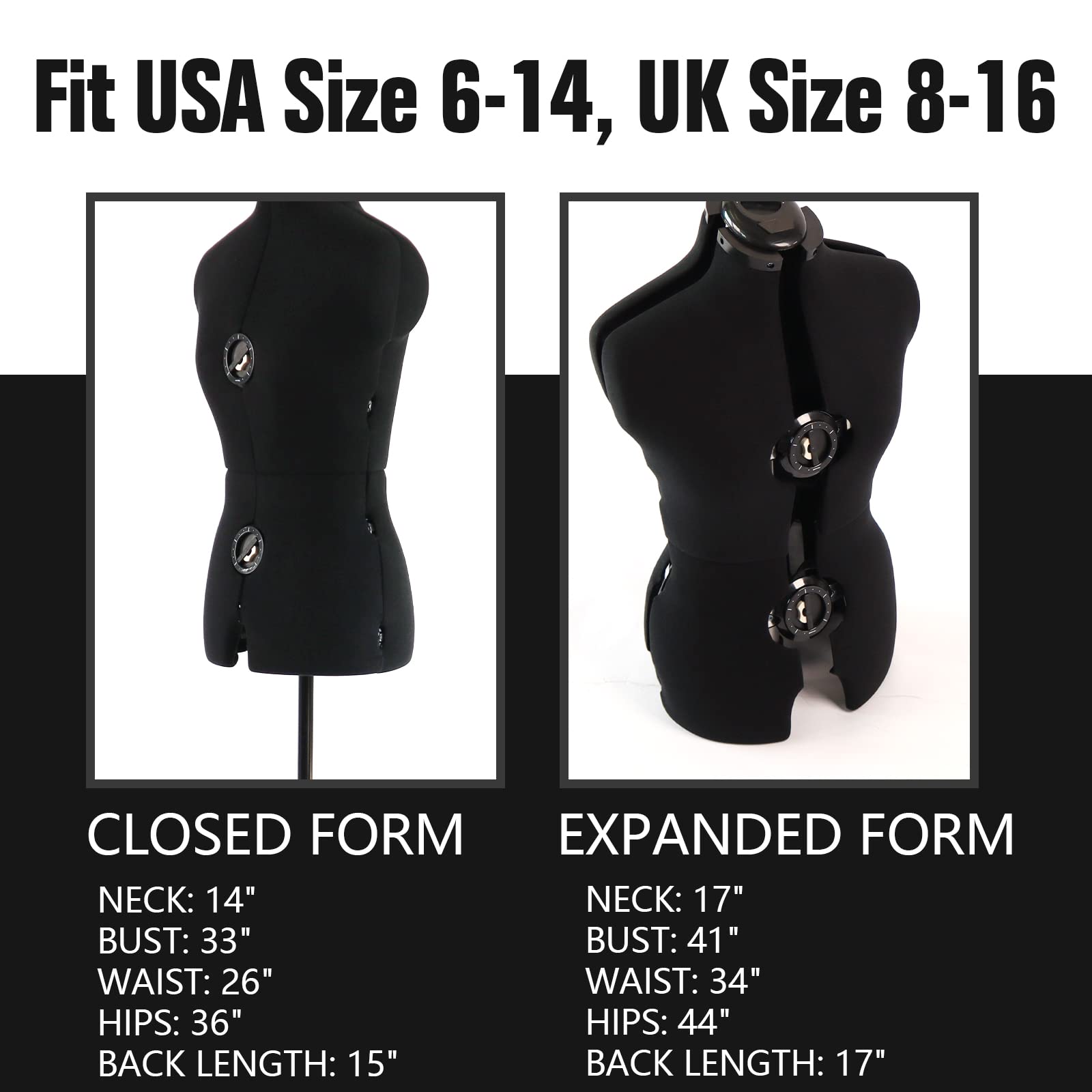 PDM WORLDWIDE Black Dress Form Adjustable Mannequin for Sewing, Female Size 6-14 Pinnable Body Form with 13 Dials & Detachable Casters, 42.5"-60" Height Range for Clothing Display, Small to Medium