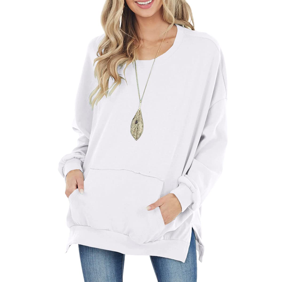 Sovelen Women's Casual Crewneck Long Sleeve Sweatshirts Side Split Solid Color Loose Cute Tunic Tops with Kangaroo Pocket White