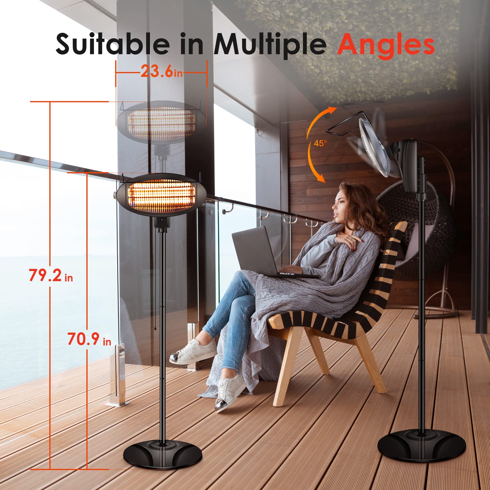 TRUSTECH Patio Heater - Outdoor Heater with 3 Ajustable Heating Modes of 500/1000/1500W, 3s Rapid Heating & Waterproof IP34 Outdoor Patio Heater with Tip-Over Protection, Balcony, Backyard, Garage use