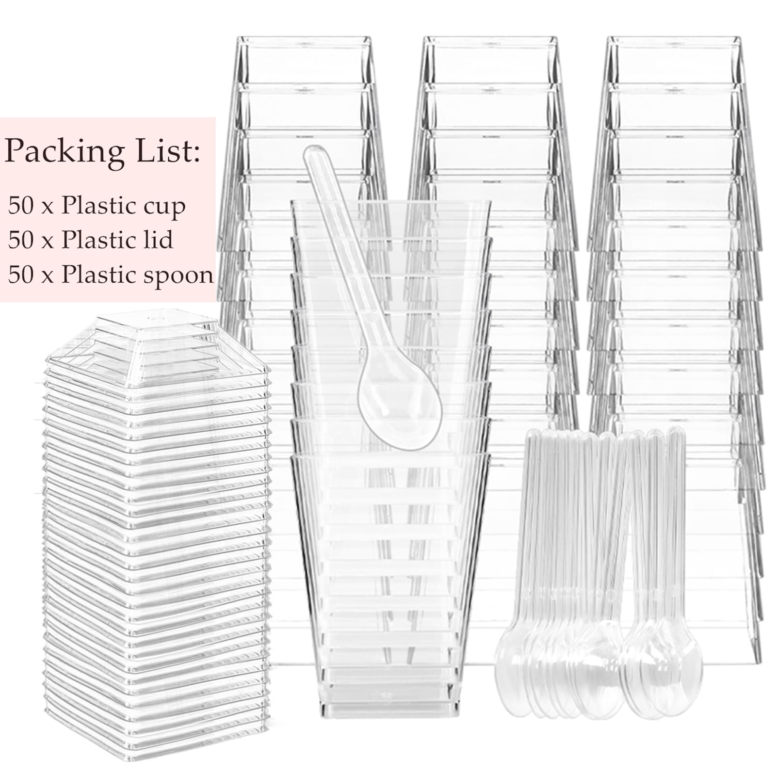 TOFLEN 50 Pack 5 oz Dessert Cups with Lids and Spoons, Mini Clear Square Plastic Dessert Cake Shooter Cups for Party, Yogurt Parfait, Appetizers, Fruits and Puddings