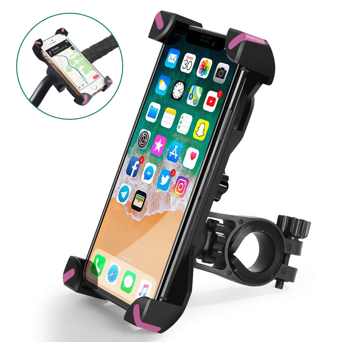 QMEET Bike Phone Mount 360°Rotation,Universal Motorcycle Handlebar Mount Bicycle Phone Holder for iPhone 11,12 Pro Max,S9,S10 and More 3.5"-6.8" Cellphone(Black Pink)