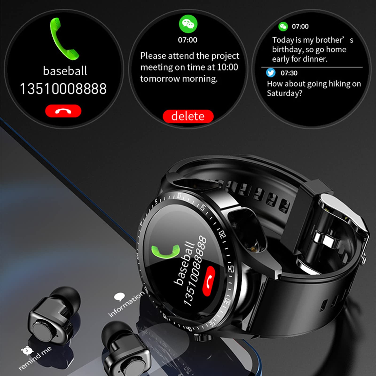 YaYiYa Mens Womens Smart Watch with Earbuds for Android Phones iOS Activity Tracker and Smartwatch with Text and Call for Men Women, Calories Heart Rate Step A