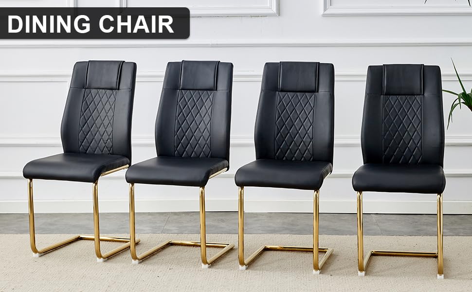 Modern Dining Chairs Set of 4, PU Leather Dining Chairs High Back Upholstered Chairs Ergonomics Dining Chairs with Gold Metal Leg for Kitchens,Living Rooms,Bedrooms,Offices (Black)