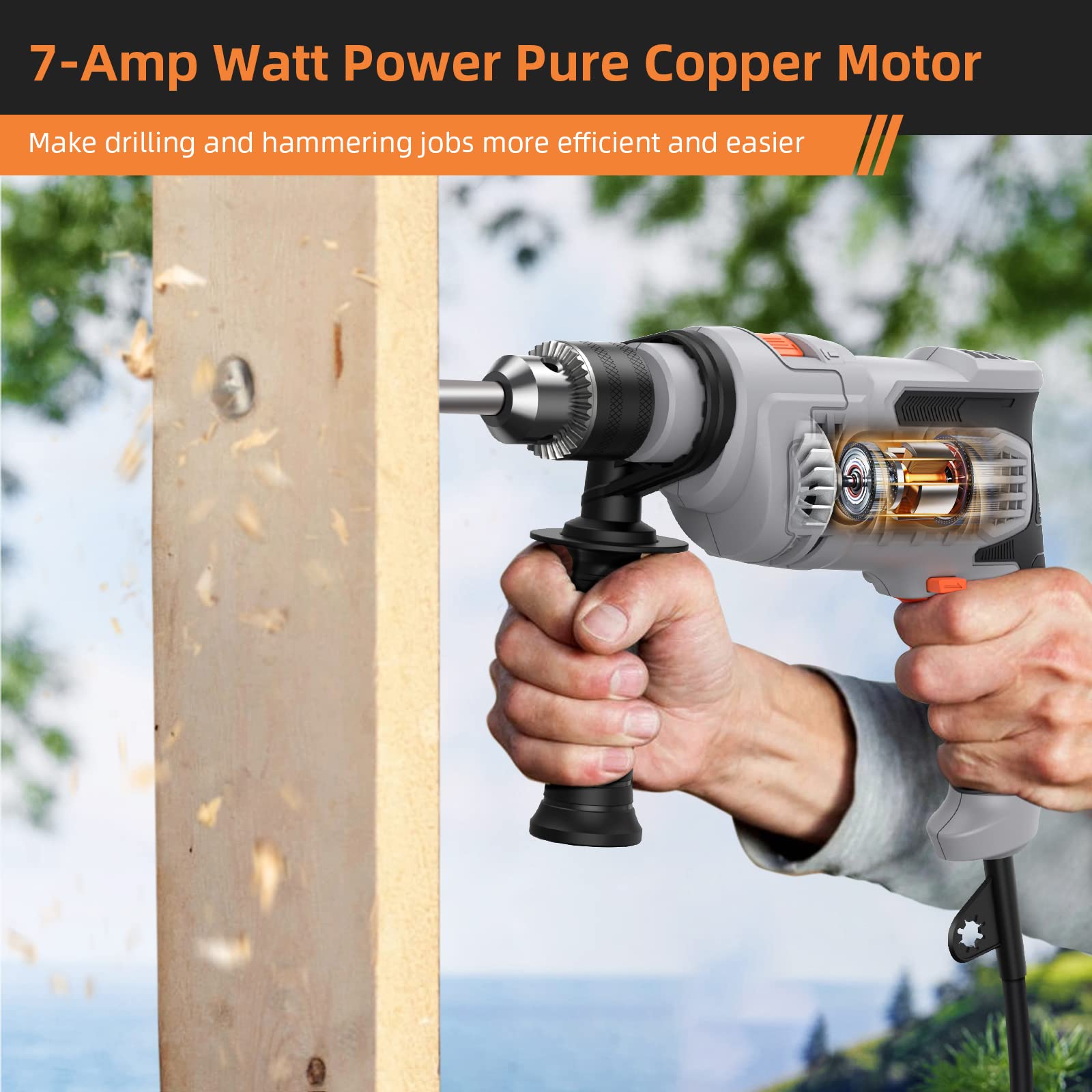 Towallmark 7-Amp (850W) Hammer Drill, 1/2-Inch Corded Electric Hammer Drill with 3000RPM, Variable Speed, 10 Drill Bits for Home Improvement, DIY, Steel, Masonry, Wood (NOT for Reinforced Concrete)