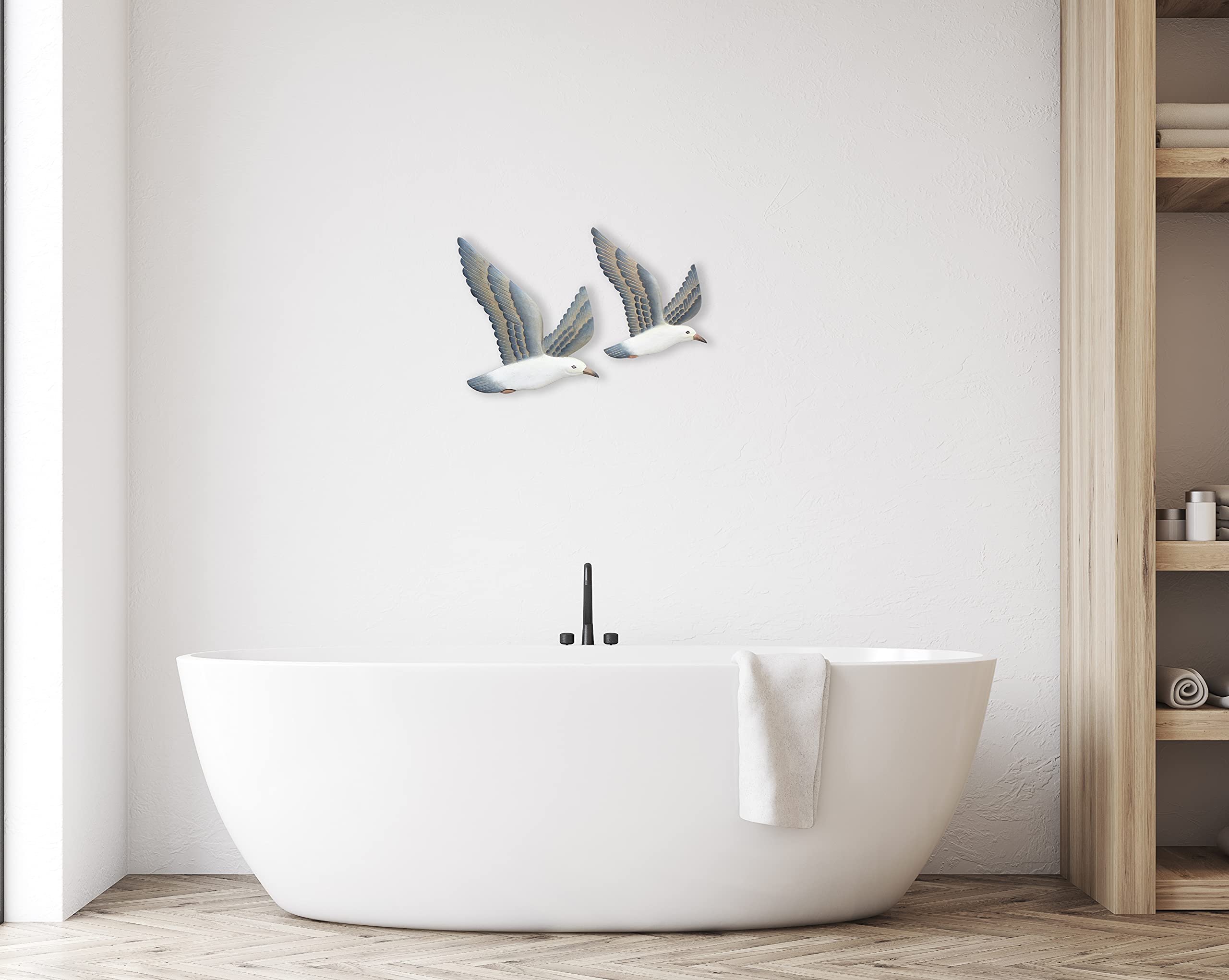 T.I. Design Hand-carved Wood Flying Seagull Wall Décor Set of 2 | Coastal Nautical Rustic Beach Wall Art 2 Pieces