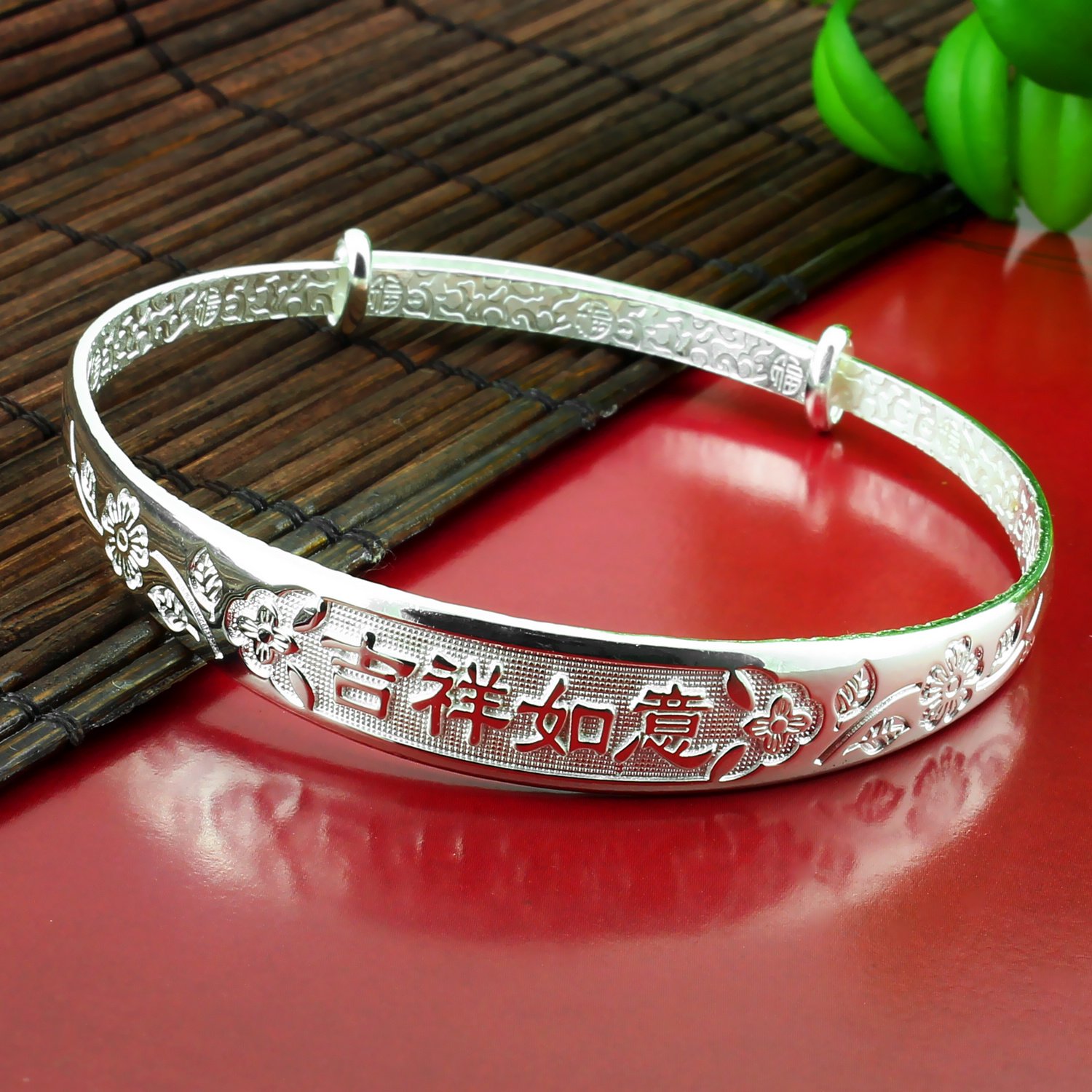 Merdia Women's 999 Solid Sterling Silver Chinese Style Luck Adjustable Bangle Bracelet for Women, Ladies and Elder | Lucky Jewelry for Women | Sterling Silver Bangle
