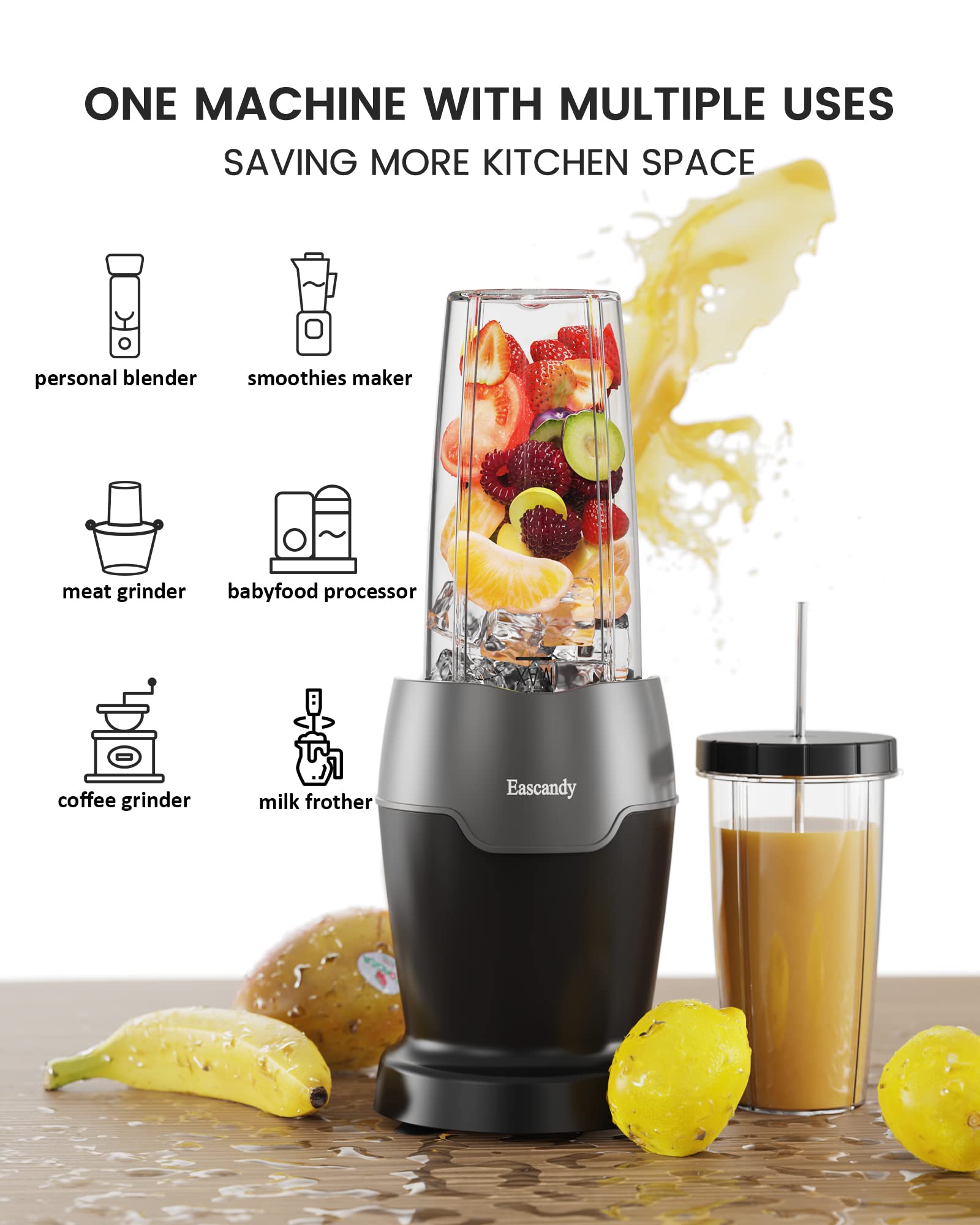 Real 900 Watts Smoothie Blender for Shakes and Smoothies, 7 in 1 Set Personal Blender, Germany 3D Stainless Steel 6-Leaves Blades Smoothie Maker with 2 Pieces 24 OZ Tritan Sport Cups