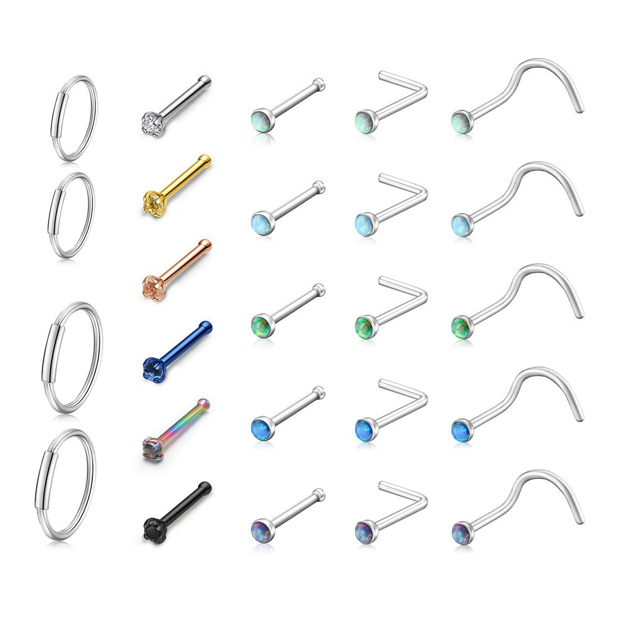PiercingJ 25pcs 20G Stainless Steel Crystal Opal Nose Studs L Bone Screw Shaped Nose Rings Nostril Septum Hoops Body Piercing Jewelry for Women
