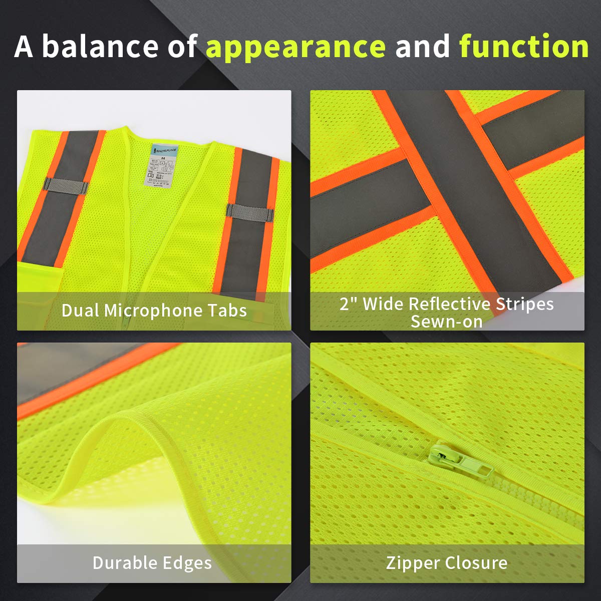 SHORFUNE High Visibility Safety Vest with 10 Pockets, Mic Tabs, Zipper and Reflective Strips, Reflective Construction Vest for Men and Women, ANSI/ISEA Standards, Yellow, M