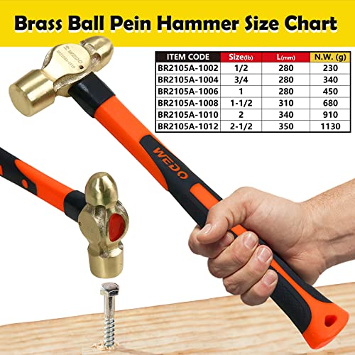 WEDO Brass Ball Peen Hammer with Fiberglass Handle,Ball Pein Hammer, 1/2lb, 280mm, 11"