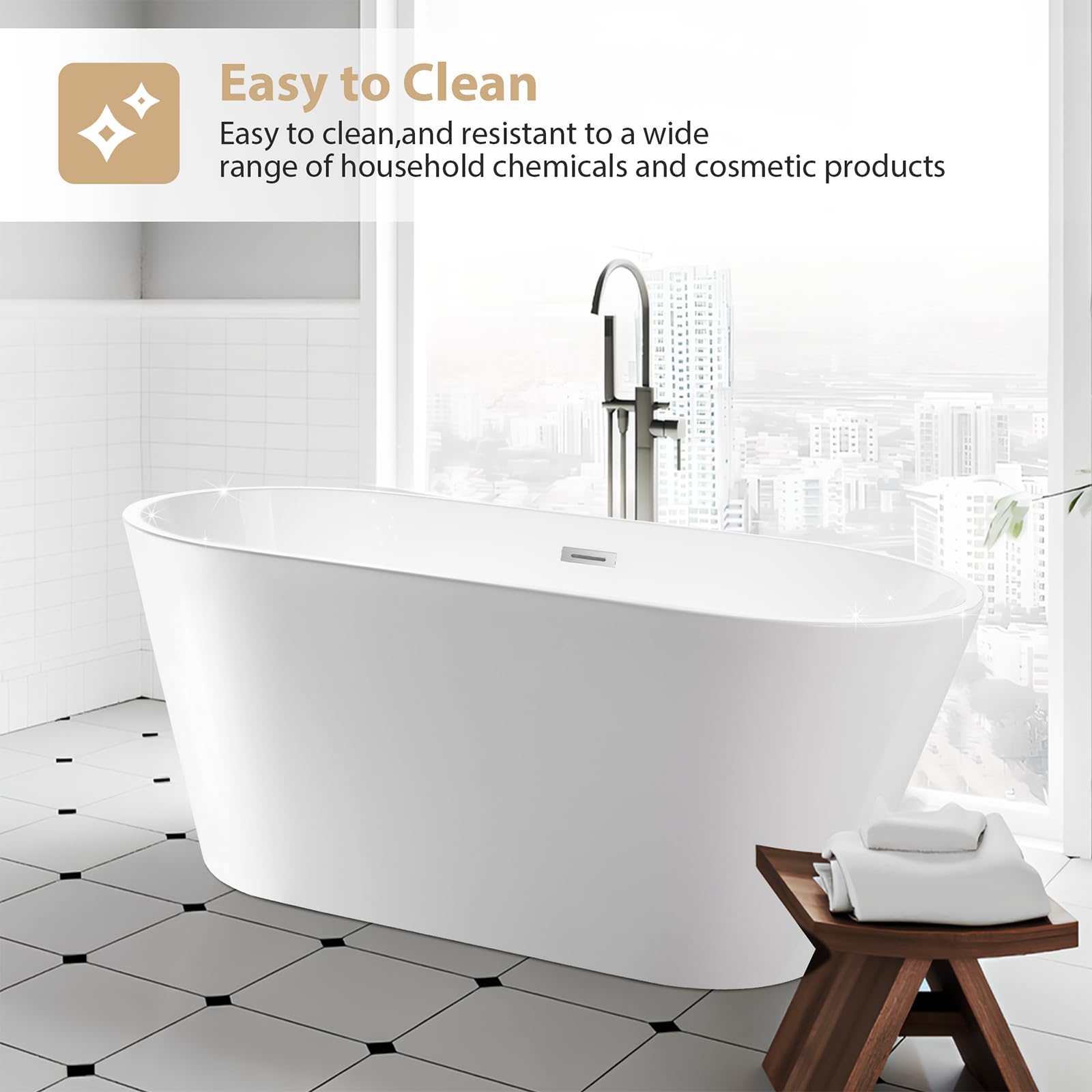 Vanity Art 54" X 29" Non-Slip Acrylic Freestanding Bathtub | Contemporary Design Soaking Tub with Overflow and Pop-up Drain, UPC Certified VA6815-NXSW