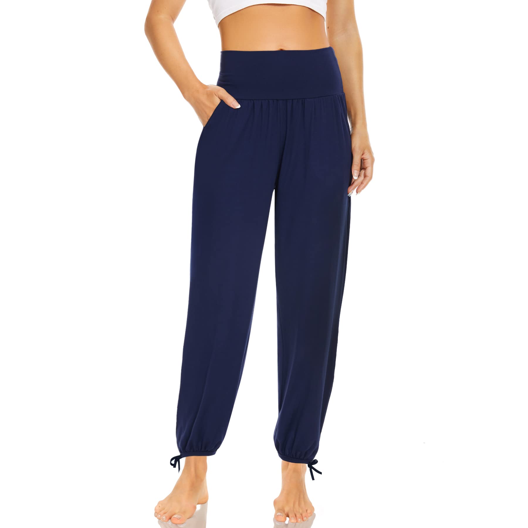 SUNYAA Womens Harem Pants High Waisted with Pockets Soft Comfy Loose Yoga Joggers Casual Lounge Pajamas Sweatpants Navy M