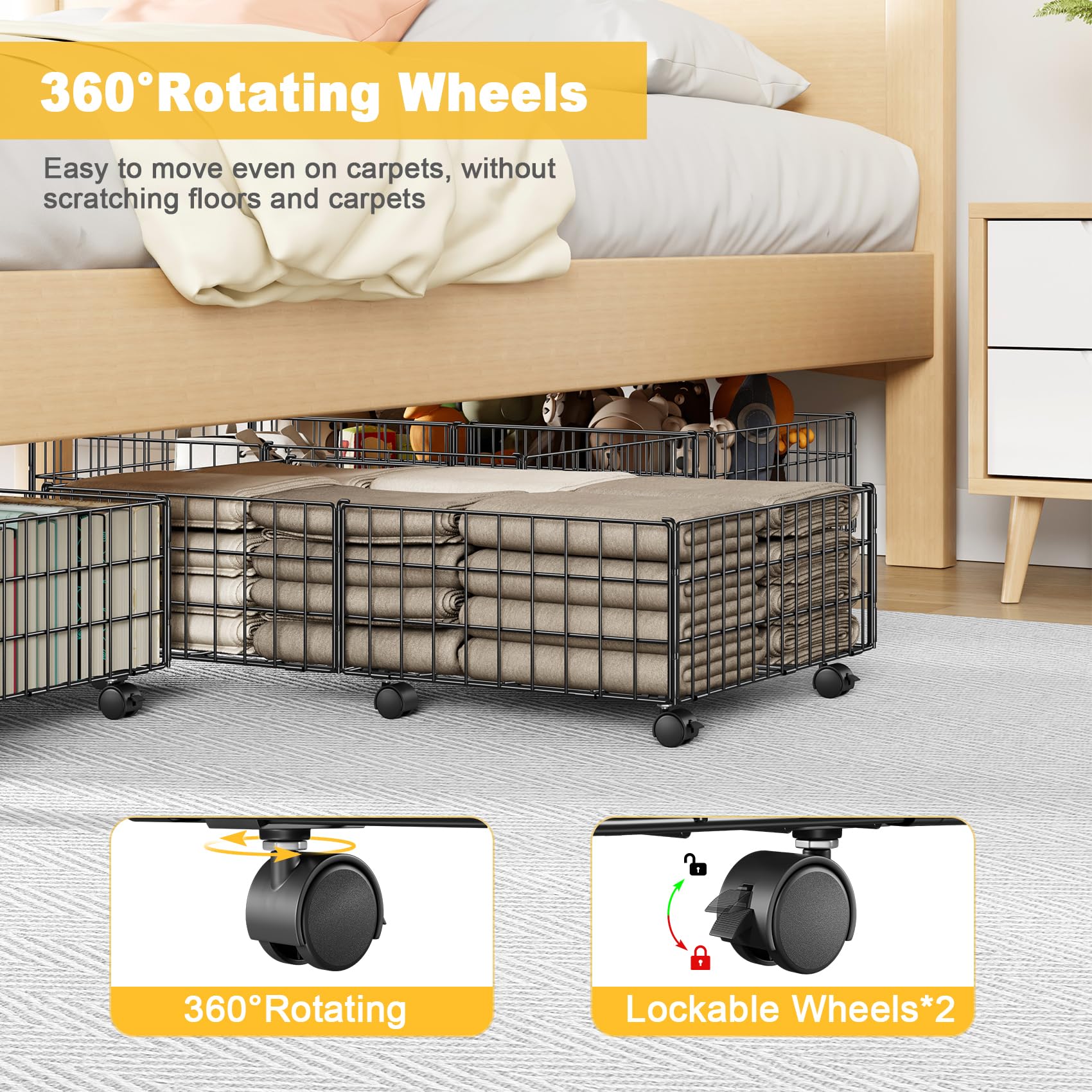 Mr IRONSTONE Queen Bed Frame with Headboard & Under Bed Storage Containers with 6 Wheels