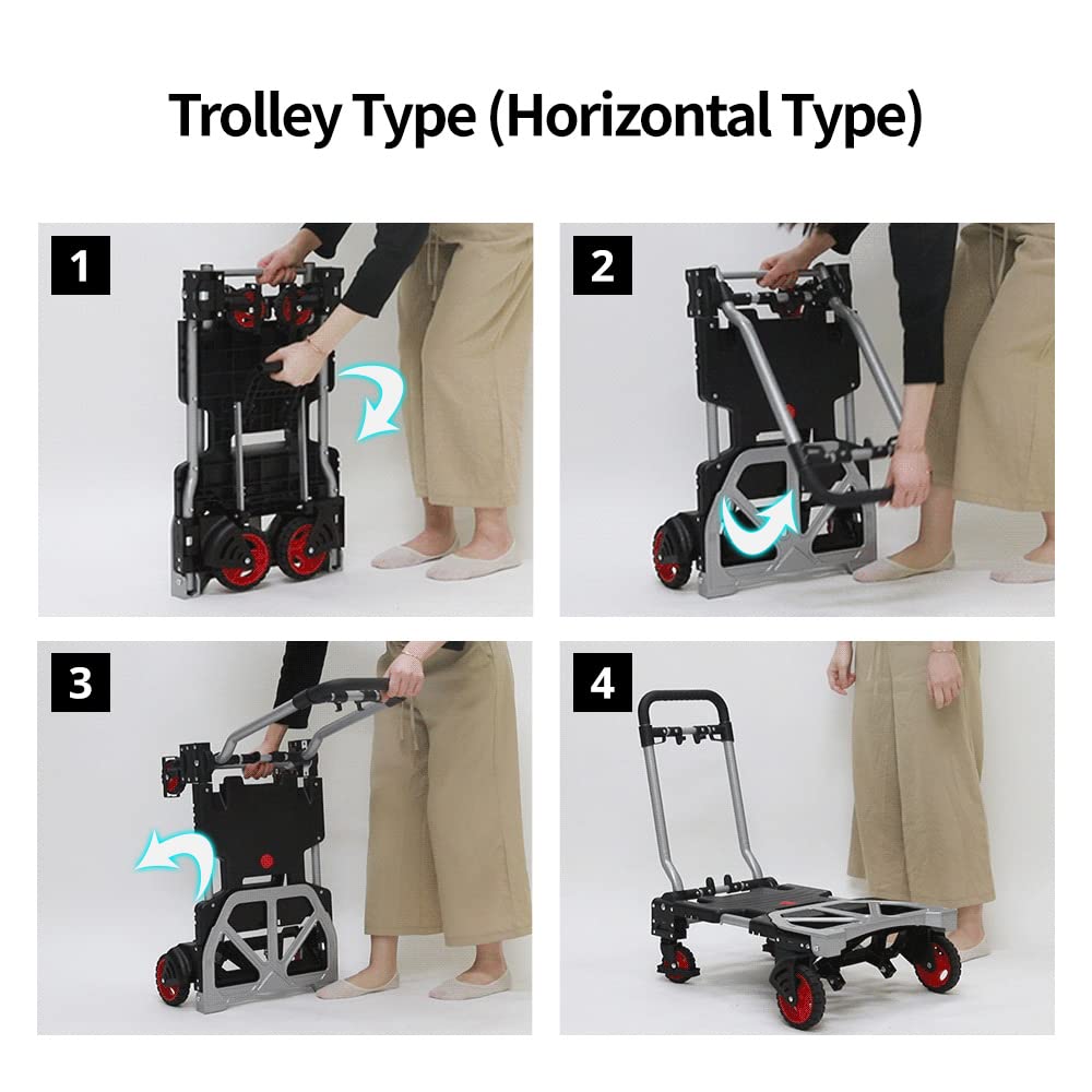 Transform Hand Truck by ROTIHOMESYS, Folding Portable Flatbed Hand Cart Trolley, Utility Dolly Cart, Foldable for Easy Storage and Low Noise Swivel Wheels with 330lb Weight Capacity (Black)