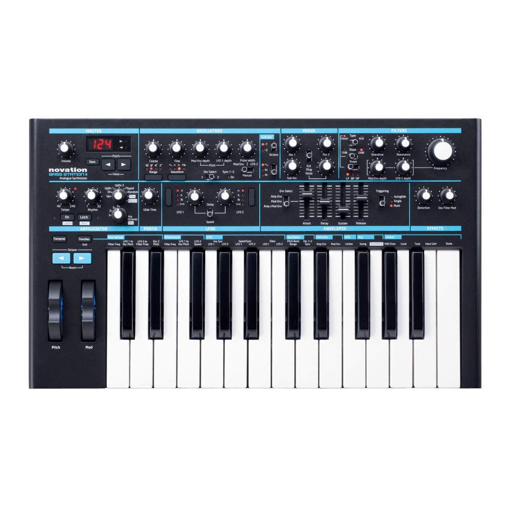 Novation Bass Station II Analog Synthesizer Bundle with Closed-Back Studio Monitor Headphones, Laptop Stand, and 4-Port USB 3.0 Hub (4 Items)
