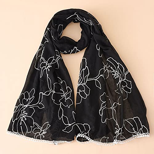 Women Fashion Cotton and Linen Scarf Scarf Printed Thin Scarf and Plaid Shawls and Wraps (Black, One Size) (RI7IrRtpn)