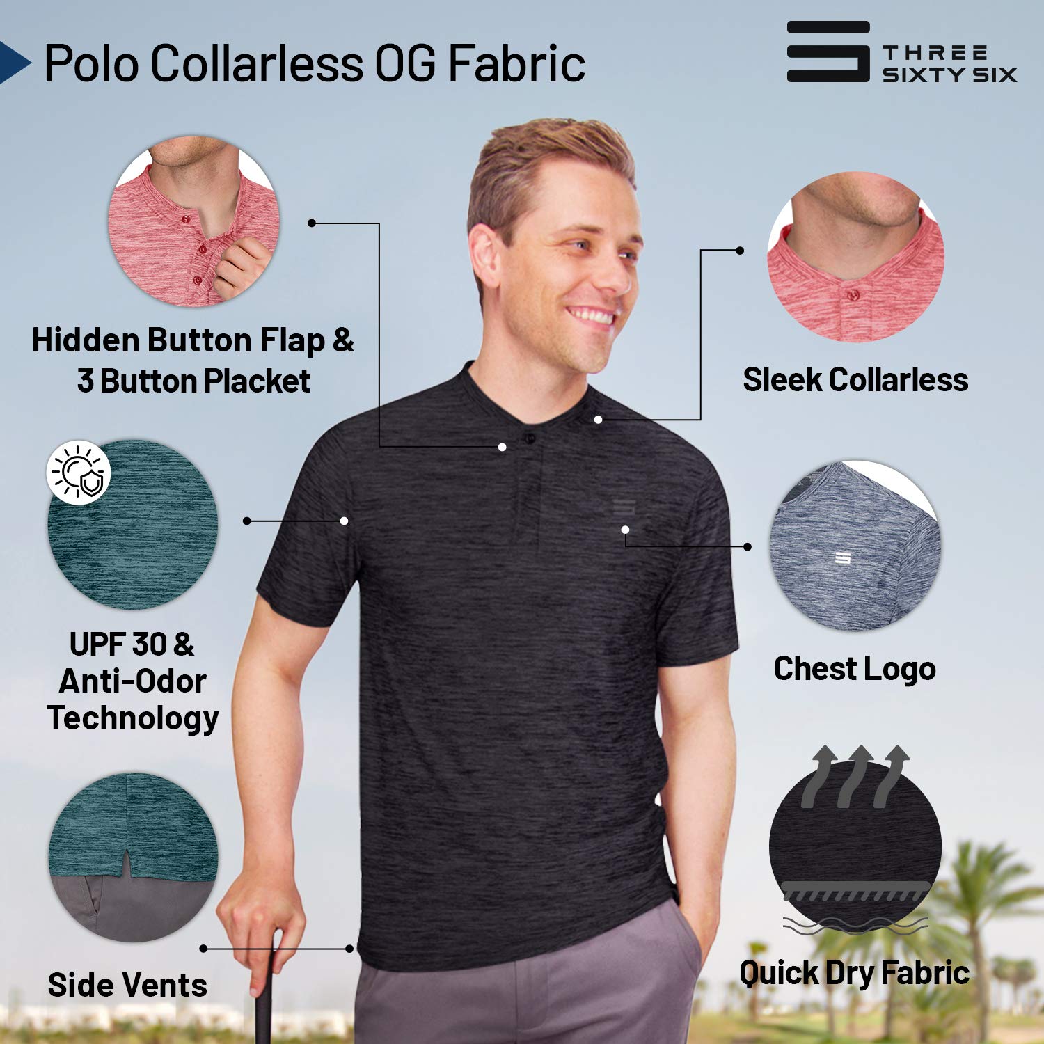 Three Sixty Six Collarless Golf Shirts for Men - Quick Dry Short Sleeve T-Shirt with 4-Way Stretch Fabric & UPF 30 Camo Green