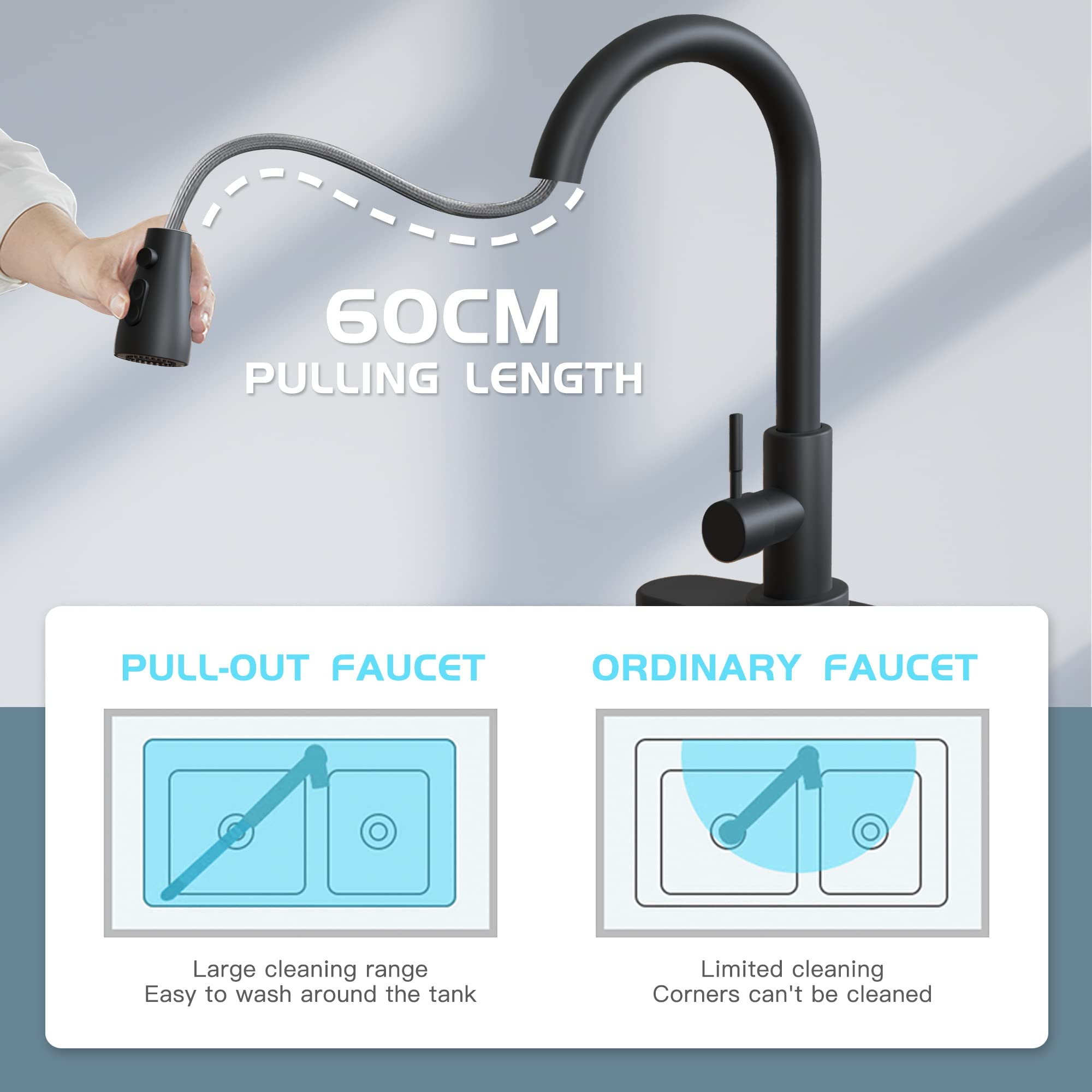 RBSTOSTO Black Kitchen Faucets-Kitchen Sink Faucet -Kitchen Faucet with Pull Down Sprayer-Stainless Steel-with Deck Plate 16 Inches RB999