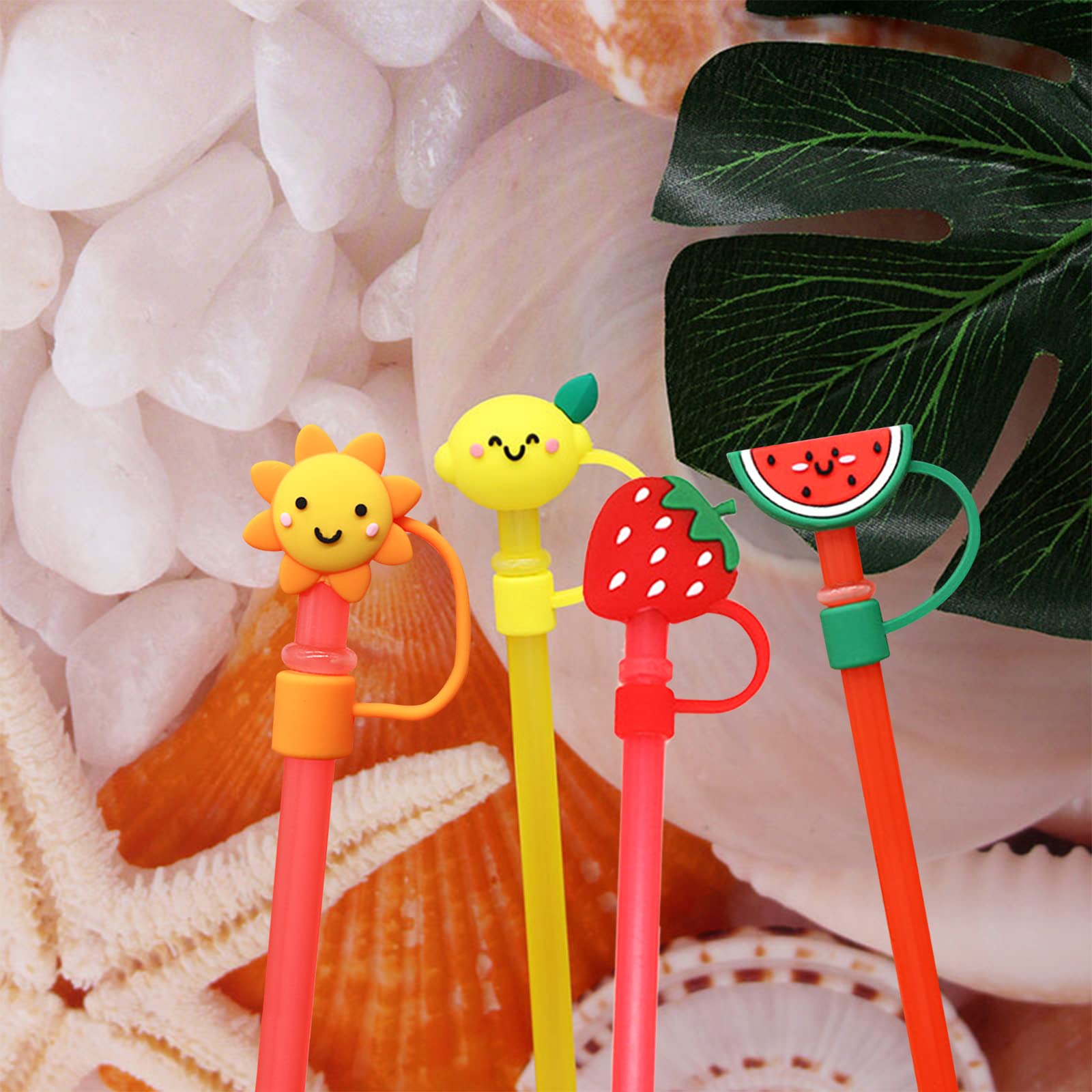 Yanmucy 9 Pieces Straw Cover Cute Reusable Silicone Straw Topper Fruit Plant Animals Dust-proof Straw Plugs for 6-8 mm Drinking Straws (1)