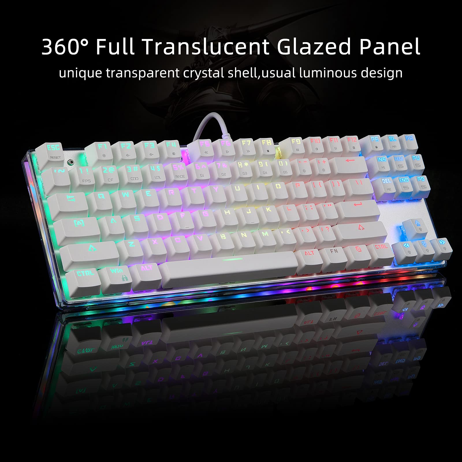 MOTOSPEED Gaming Mechanical Keyboard RGB Backlit Transparent Bottom Anti-ghosting 87 Keys,Illuminated USB Gaming Keyboard for Mac/PC/Laptop White