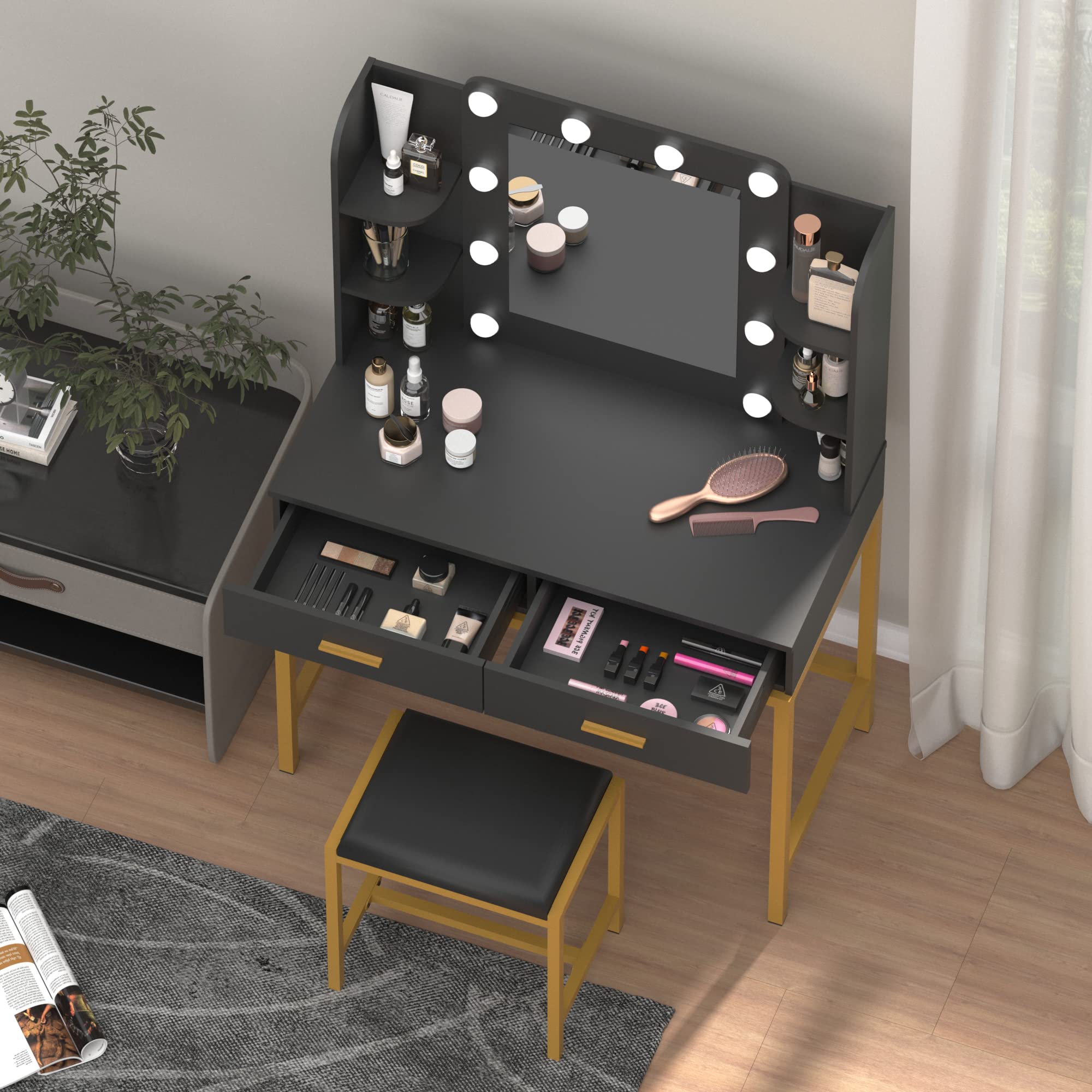 Makeup Vanity with Lighted Mirror, Black Vanity Mirror with Lights and Table Set, Vanity Set with 10 LED,Vanity Desk with 3 Lighting Modes and 2 Drawers&Cushioned Stool for Bedroom