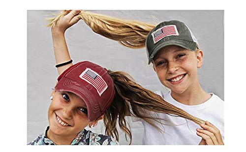 RNFENQS Women's American Flag Mesh Trucker Hat Distressed Ponytail Baseball Cap Wine Red