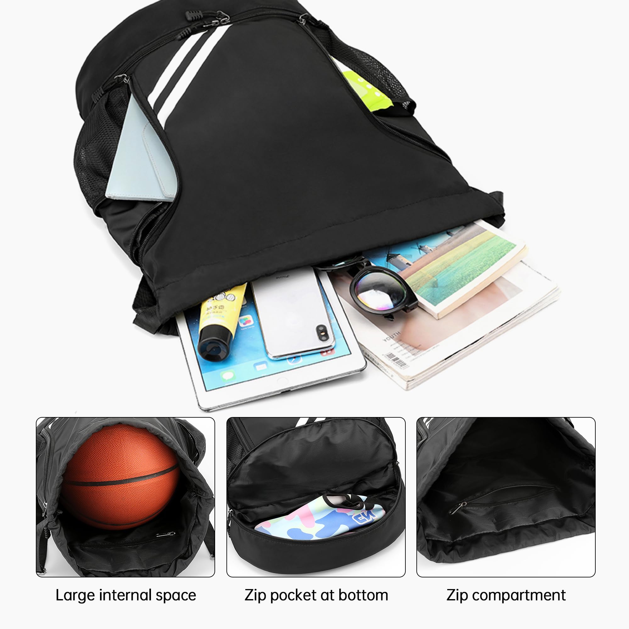 neyrat Water Resistant Sport Drawstring Backpack Gym Draw String Back Bag with Shoes Compartment for Men Women Children (Black-1)