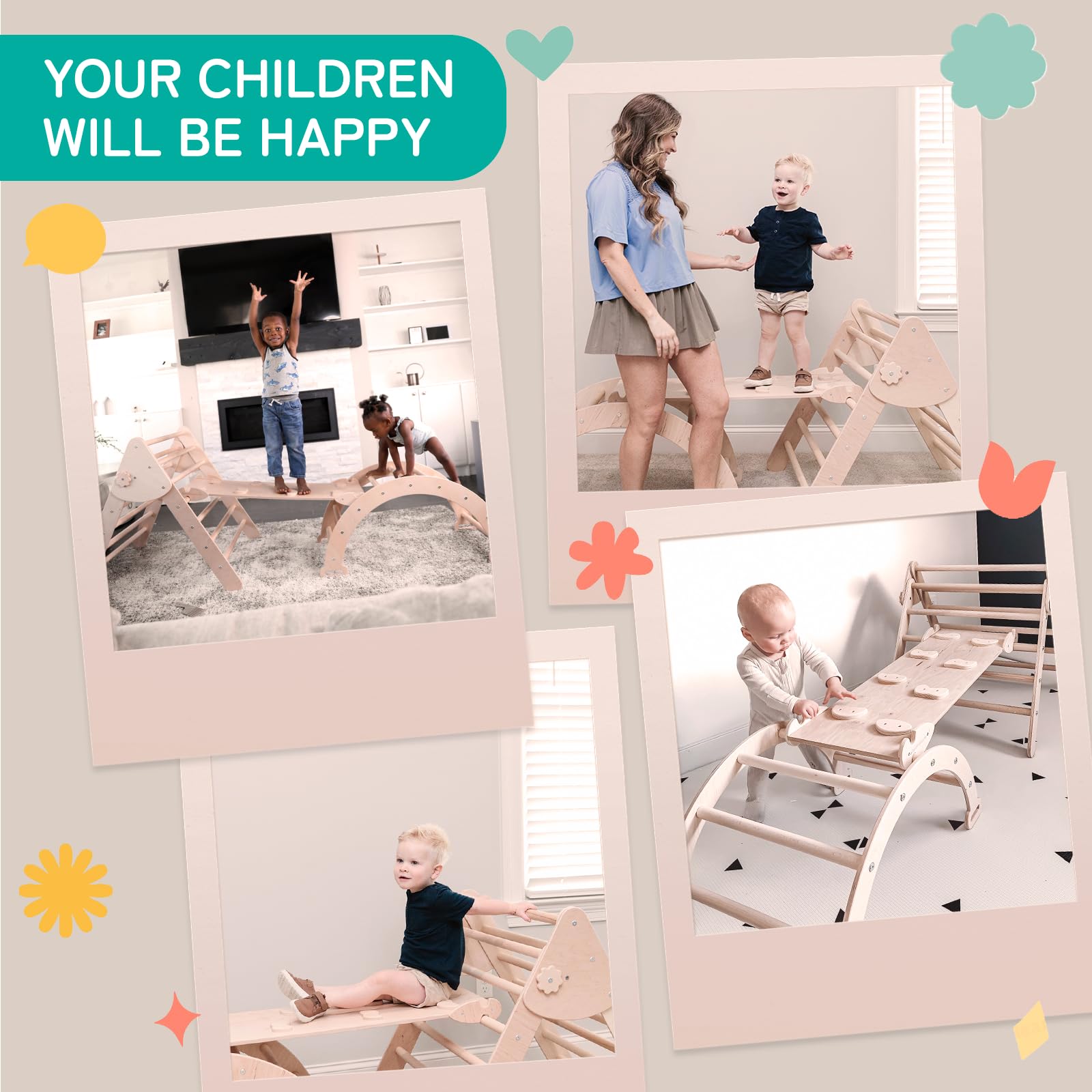 WoodandHearts Pikler Triangle Set Baby Climbing playset - Foldable Climbing Triangle - Climbing Slide Board - Arch Climber - Climbing Toys for Toddlers (Large Size) (Beige)