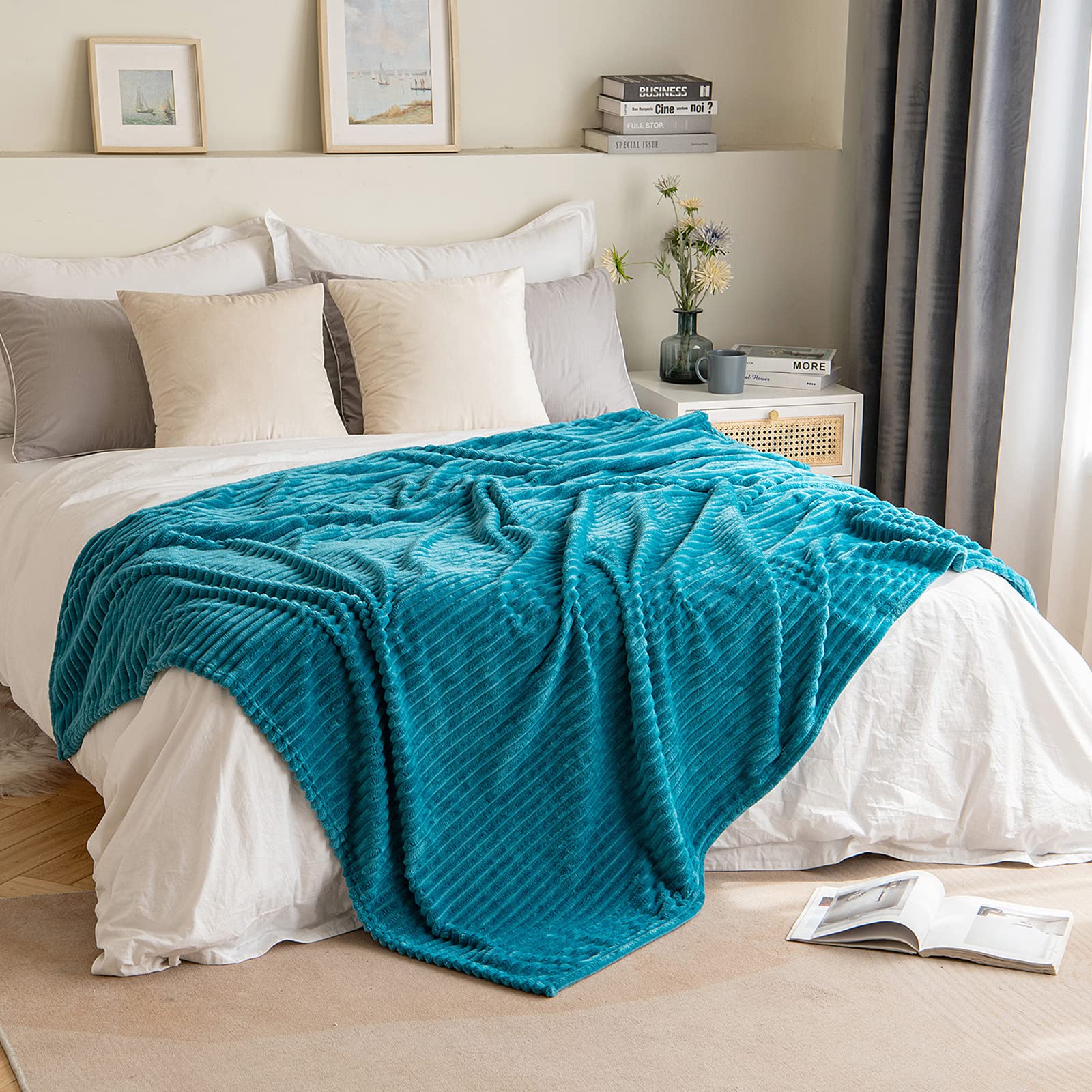 MIULEE Fleece Throw Blanket for Couch 300GSM Super Soft Lightweight Plush Striped Blanket, Teal Blue Warm Cozy Breathable Ribbed Blanket for Bed/Sofa, Throw Size 50"x60", Turquoise