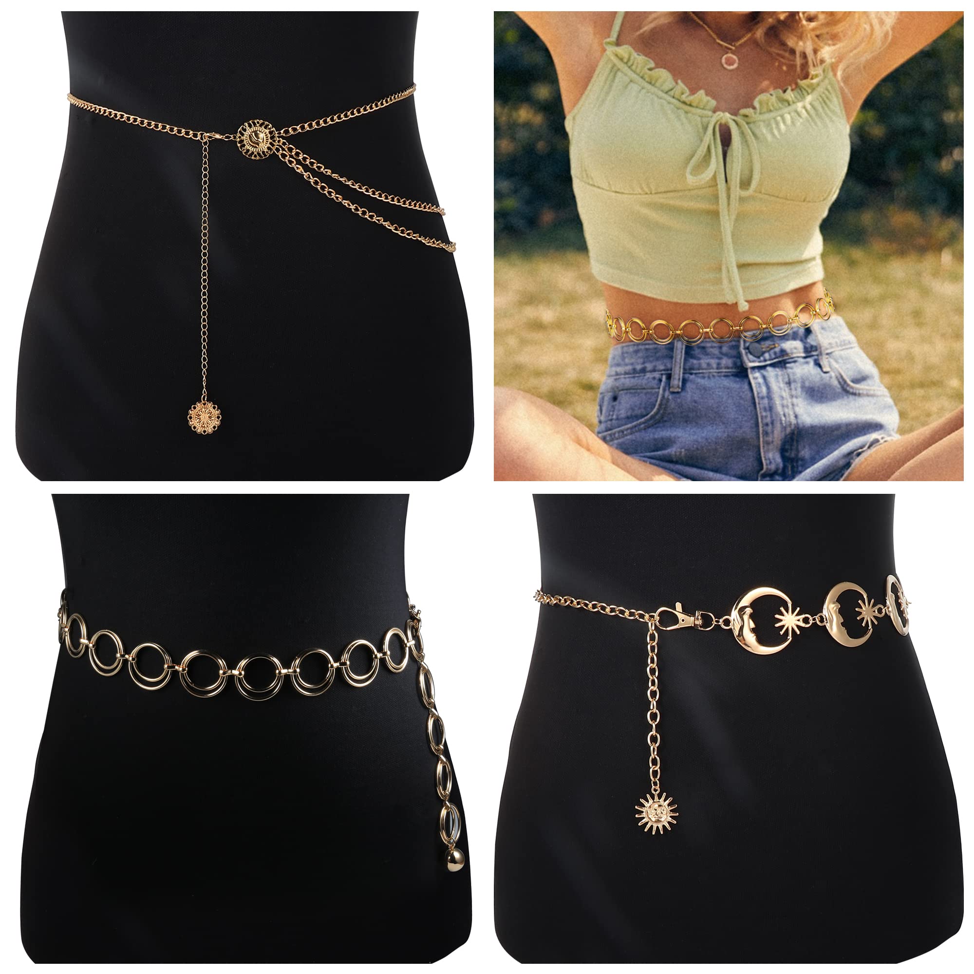 THUNARAZ 3PCS Metal Waist Chain, Gold Chain Belts for Women, Multi-layer Metal Belt for Dress 90cm 110cm