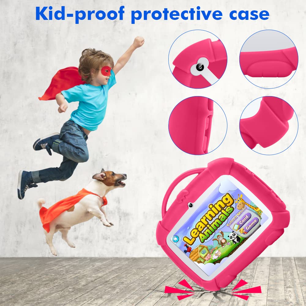 Padgene Kids Tablet 7 Inch,Android 9.0 Parental Control Kids Mode Pre-Installed WiFi Tablet Learning Games Camera IPS HD Display 1 GB+16GB with Kid-Proof Case (7 Inch, Pink)
