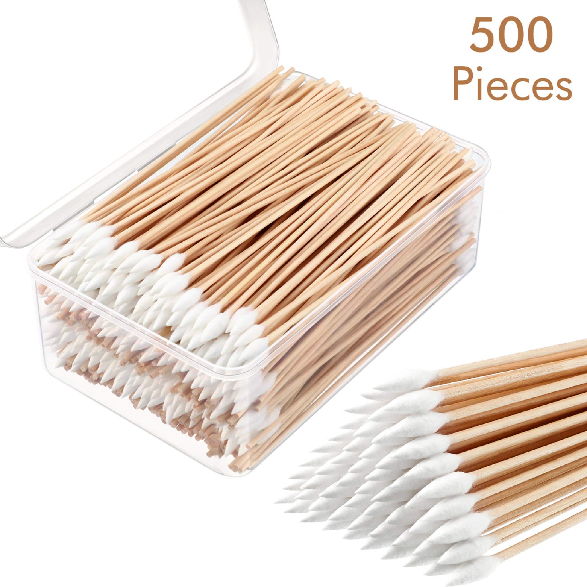 Norme 500 Pieces Cleaning Swabs, Pointed/Round Tip with Wooden Handle Cleaning Swabs Buds for Jewelry Ceramics Electronics in Storage Case (6 Inch, Pointed Tip)