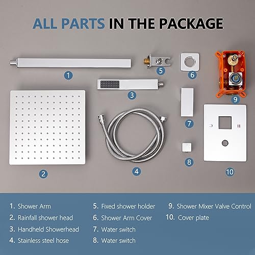Shower Faucet Set, 10 Inches Rainfall Shower System with High Pressure Rain Shower Head with Handheld, Square Shower Faucet Wall Mounted Bathroom Luxury Rain Mixer Shower Complete Combo Set