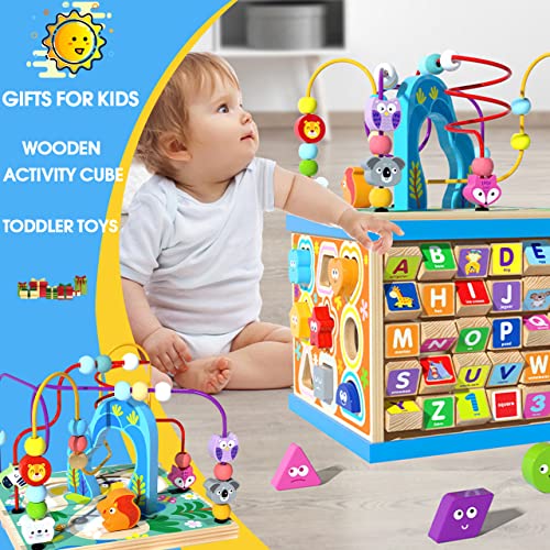 Wooden Baby Activity Cube for Toddlers 3+,5 in 1 Early Educational Montessori Toy for Toddlers,Abacus Blocks Bead Maze Spinning Gear Shape Sorter Learning Clock,First Birthday Gifts for Boys Girls.