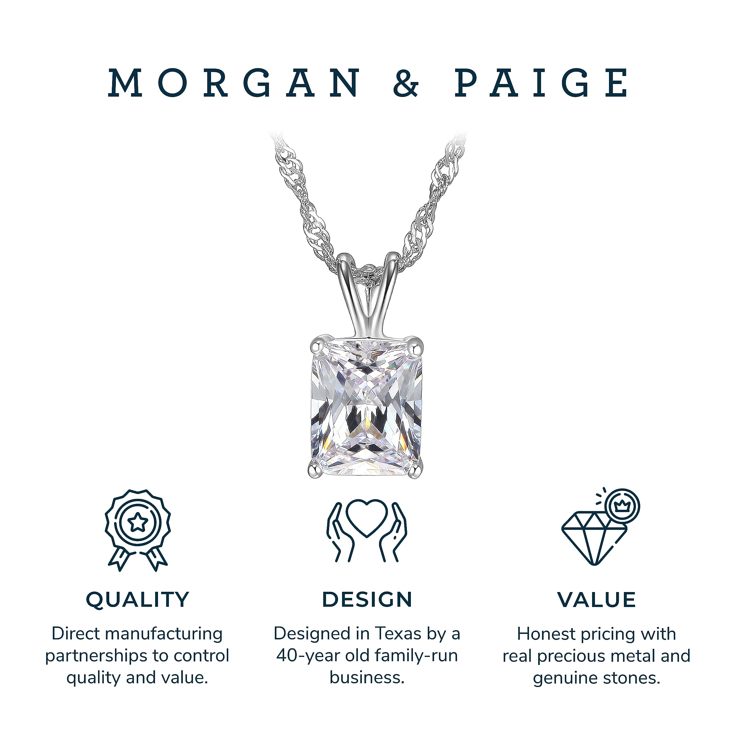 MORGAN & PAIGE CZ Diamond Emerald Cut Necklace - 925 Platinum Plated Sterling Silver Necklace With 3/8" Emerald Cut Cubic Zirconia Pendant - 18"