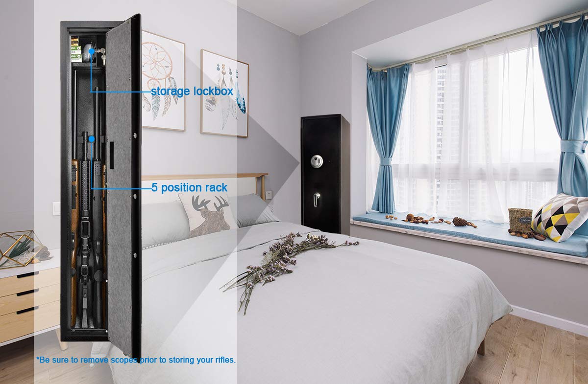 Quick Access Biometric Rifle Safe Large Gun Safe Cabinet, Fingerprint 5-Gun Safe Box with Separate Pistol/Handgun Lock Box (Black - Fingerprint)