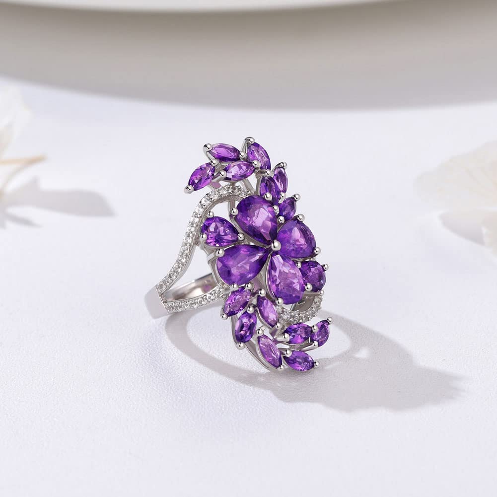 supermodel Nature Leaf Flower Ring Long Statement Cocktail Finger Accessories for Women Sterling Silver Wide Band Purple Amethyst Gemstone Ring Size 8