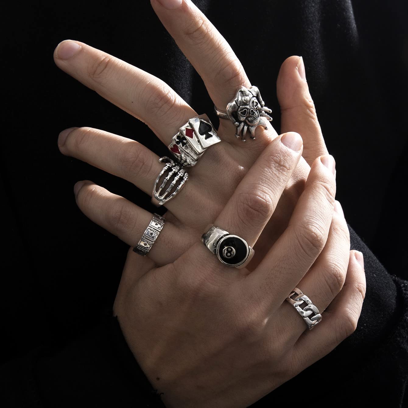 THUNARAZ Vintage Silver Gothic Punk Rings for Women Men Adjustable Skull Snake Frog Vintage Stackable Hippie Eboy Rings Cool Goth Ring Pack Y2K Jewelry Set