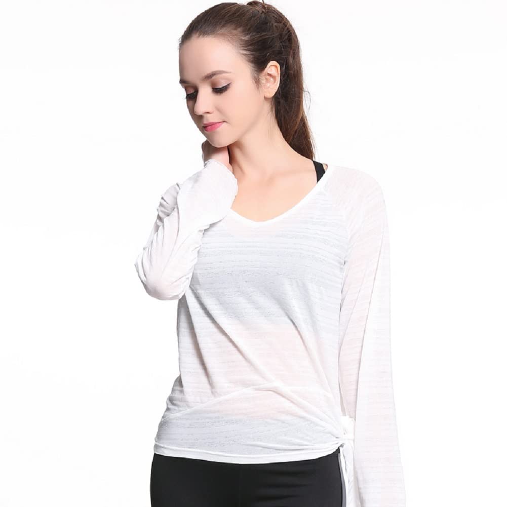 Women Long Sleeve Workout Shirts Loose V-Neck Yoga Tops Quick Dry Breathable Shirts for Women Side Split Design White