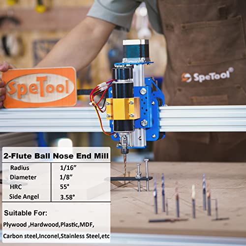 SpeTool Tapered Ball Nose End Mill 1/4" Shank with 1/16" Cutting Radius (1/8" Diameter) for 3D Carving Engraving Router Bit, ZrN Coated