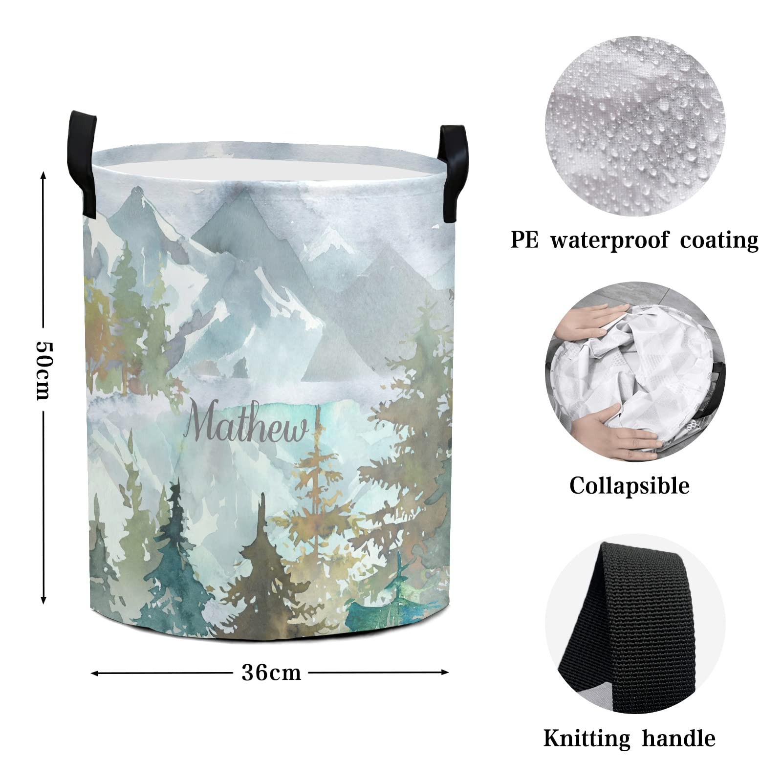 Woodland Pine Trees Mountain Personalized Laundry Basket ,Custom Foldable Storage Bins Laundry Hamper for Nursery Pet Toys Clothes