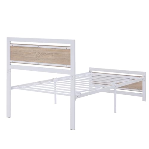 Metal and Wood Bed Frame with Headboard and Footboard, Twin Size Platform Bed, No Box Spring Needed, Easy to Assemble(White)