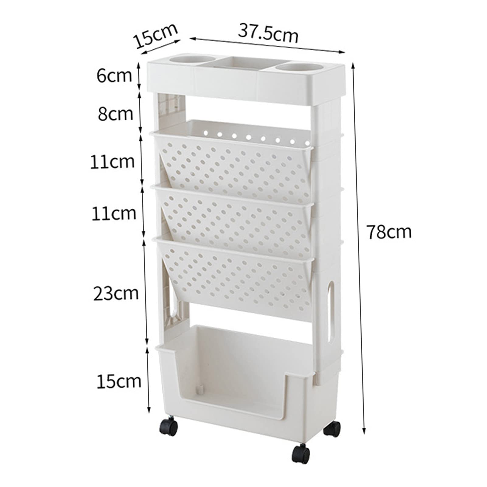 Movable Bookshelf Cart, 5 Tier Metal Rolling Cart, Multifunctional 5 Tier Rolling Cart Storage Organizer with Wheels, Storage Cart for Kitchen, Bathroom, Living Room, Office (White)