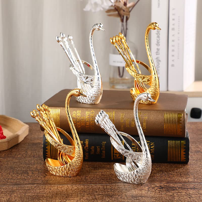 Stainless Steel Spoon Cutlery Kit with Zinc Alloy Swan Shape Retainer Storage Cutlery Rack Home Decor(Gold)